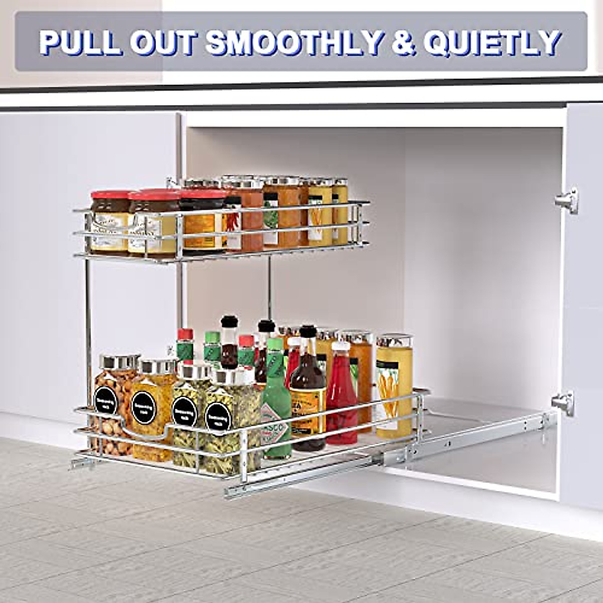 Bextsrack Under Sink Cabinet Organizer Storage with 2 Tier Pull Out Sliding Shelf with Protective Shelf Liners for Kitchen Bathroom Cabinet, 12.2Wx16.5Dx14.5H-Inch