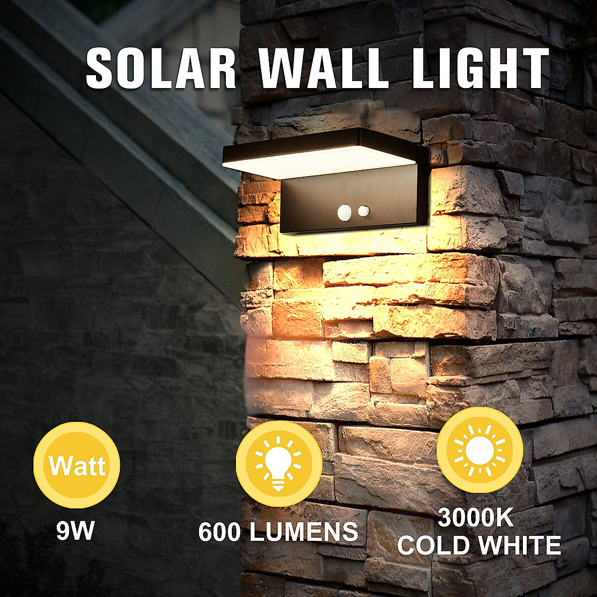 BRIMMEL Solar Wall Lights Outdoor 2 Packs, 3 Light Modes, Motion Sensor Solar Sconce, Dusk to Dawn, 10 Hours Battery Life, Super Bright Solar Address Light for Fence Patio Porch, Aluminum, Black