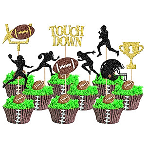 36 PCS Rugby Ball Cupcake Toppers Glitter Trophy Amecian Football Cupcake Picks Touchdown Player Cake Decorations for Super Bowl Rugby Sports Theme Baby Shower Kids Birthday Party