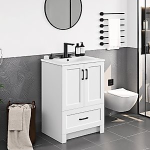 Yaheetech 24.5" Modern Bathroom Vanity with Ceramic Basin, Undermount Bathroom Vanity Sink Cabinet with 2 Doors and 1 Drawer, Free Standing Bathroom Storage Cabinet with Sink Combo Set, White