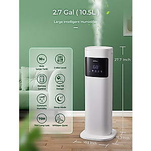 Aiheal Humidifier for Large Room Home, 10.5L Top Fill Cool and Warm Mist Ultrasonic Floor Humidifiers for Baby and Plants with Customized Humidity, Timer, Sleep Mode, Auto Shut Off, Ultra Quiet