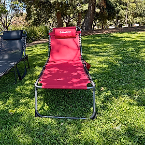 KingCamp Folding Outdoor Chaise Lounge Chair, 5-Position Adjustable for Beach, Sunbathing, Patio, Pool, Lawn, Lay Flat Portable Heavy-Duty Camping Reclining Chair with Shoulder Strap Side Pocket, Wine