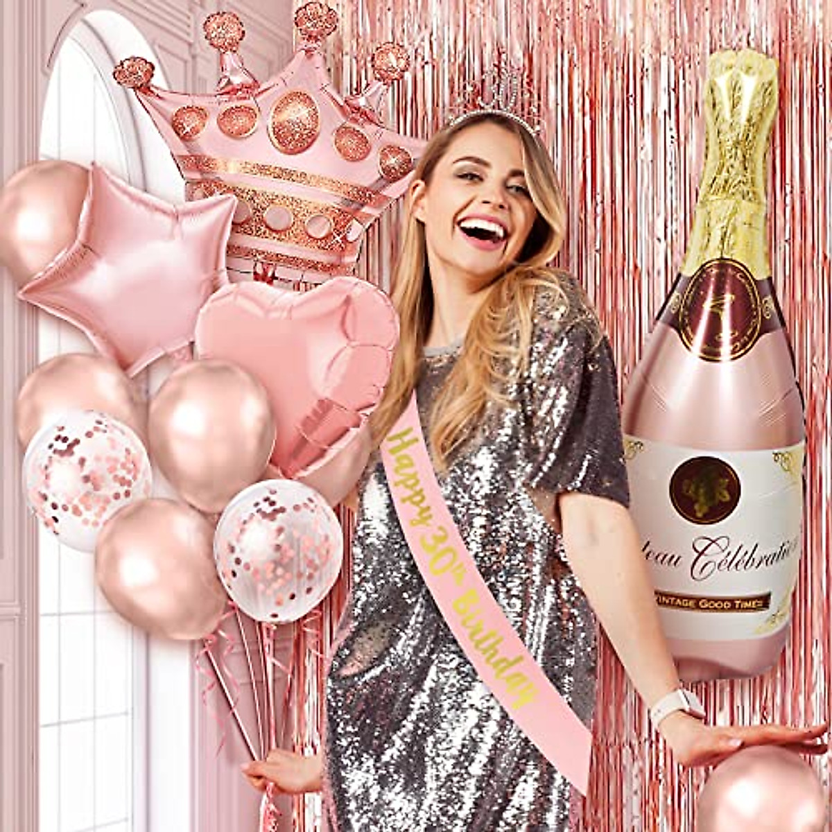 30th Birthday Decorations for Women, Rose Gold 30 Birthday Decorations for Her, Including Happy Birthday Sash, Crown, Banner, Foil Backdrops, Rosegold Balloons for 30th Birthday Party Supplies