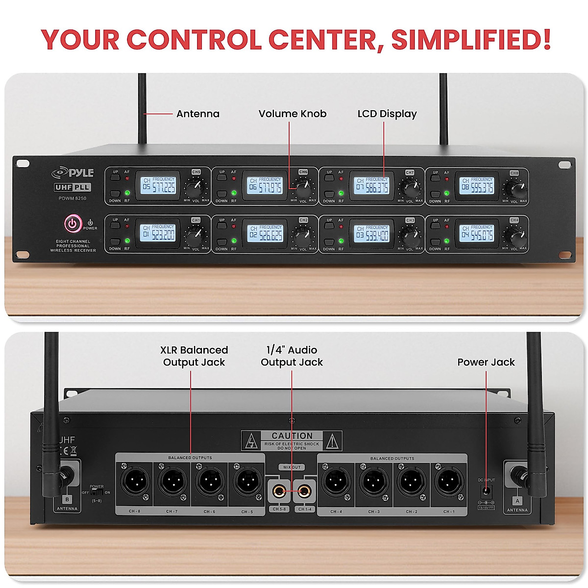 Pyle Professional 8 Channel UHF Wireless Microphone System 8 Handheld Mics Rack Mount Receiver Base RF & AF Radio/Audio Frequency Digital Display Independent Channel Volume Control (PDWM8250),Black