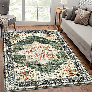 ROYHOME Area Rug 8x10 Vintage Low Pile Rugs Non-Slip Washable Rug Indoor Floor Cover Print Distressed Carpet Non-Shedding Oriental Area Rug for Living Room Bedroom, 8’x10’, Green