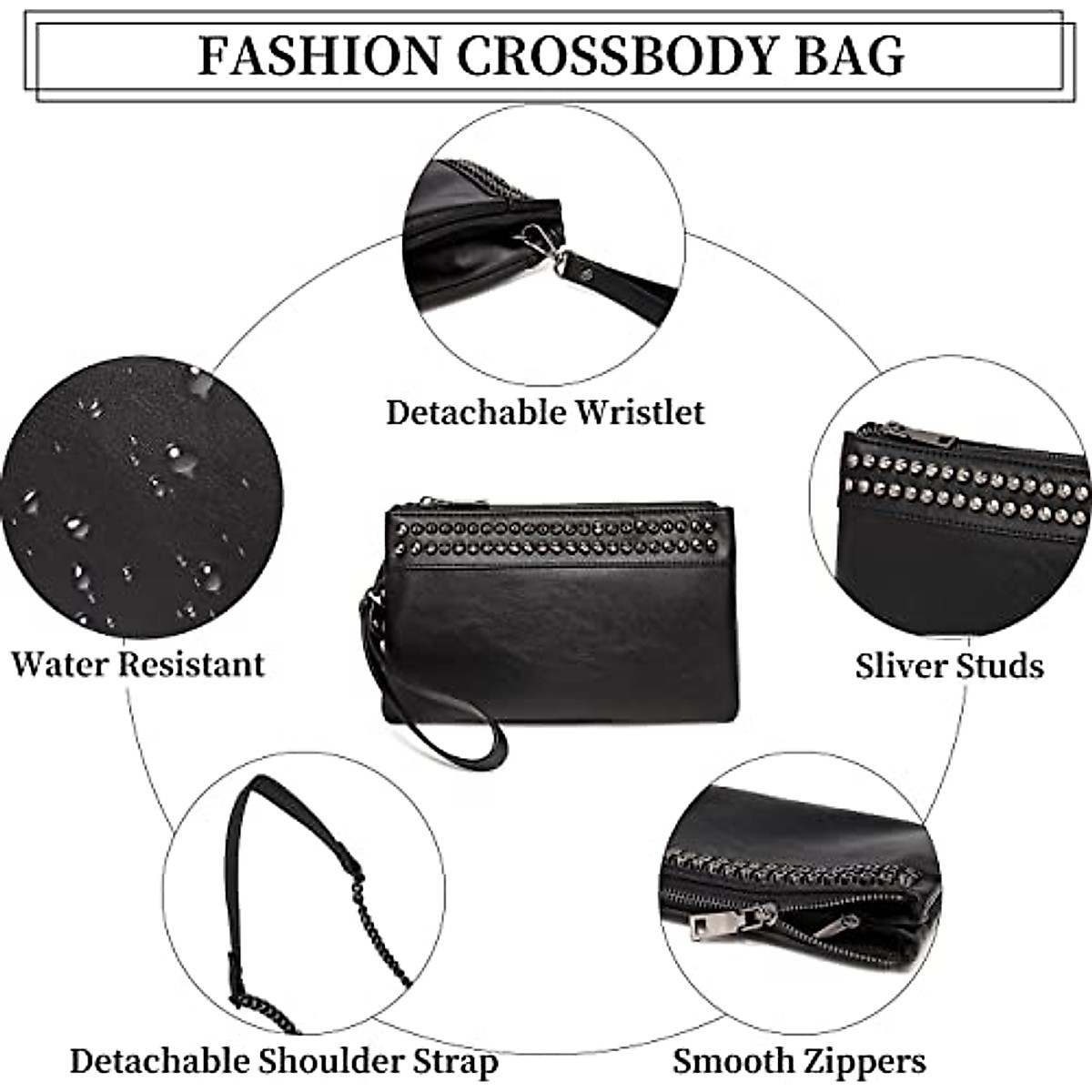 VASCHY Wristlet Clutch Purses, SAC Large Studs Soft Faux Leather Crossbody Evening Clutch Wallet for Women Black