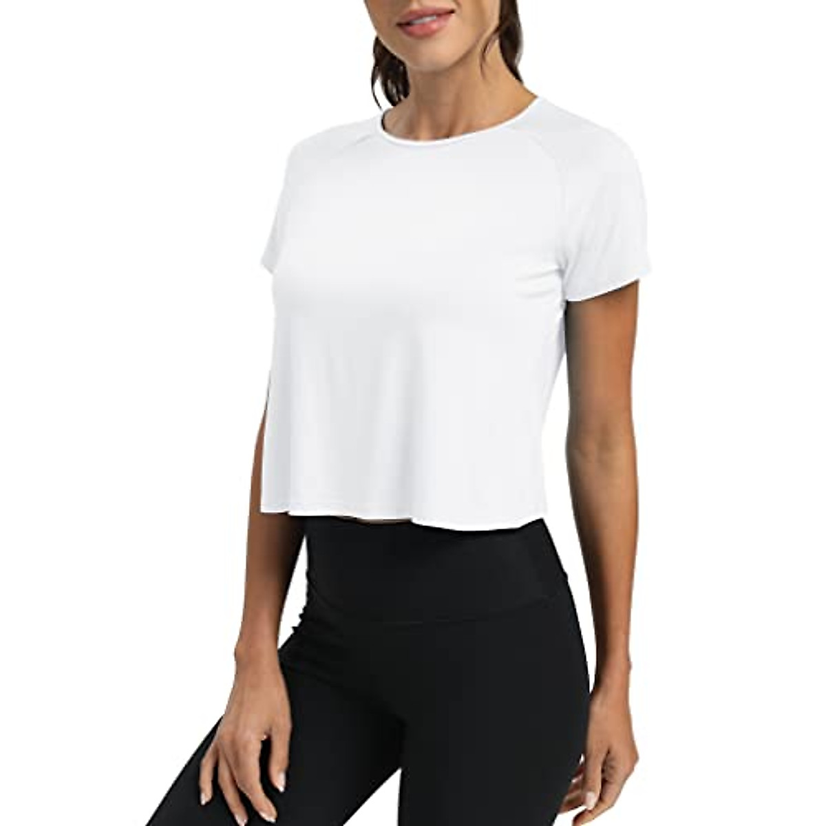 Mippo Crop Workout Tops Gym Shirt Athletic Wear Yoga Apparel Exercise Fitness Crop Top Going Out Tshirts Dance Pilates Clothes for Women White M