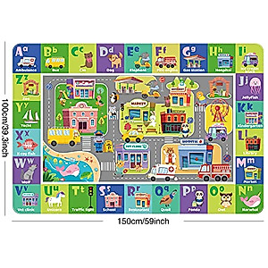 LTKOUGFAM Baby Playmat for Floor, Soft Plush ABC Kids Play Rug for Toddlers & Infants Baby Floor Mats, Kids Car Rug Mat with City, Large Non-Slip Area Rug for kids Room Playroom Bedroom (59X39.4 INCH)