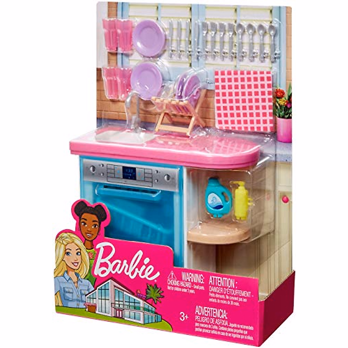 Barbie Indoor Furniture Playset, Kitchen Dishwasher with Working Door and Pull-Out Tray, Plus Dishes and Washing Accessories