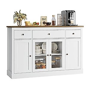 HOSTACK Sideboard Buffet Cabinet with Storage, 55" Large Kitchen Buffet Storage Cabinet with Drawers and Glass Doors, Modern Farmhouse Coffee Bar Cabinet, Wood Buffet Table Dining Room Cabinet, White