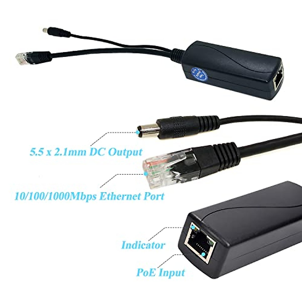 REVODATA Gigabit PoE Splitter 12V 2A Output with IEEE 802.3af/at Standard Compliant 10,100,1000Mbps Power Over Ethernet Splitter Adapter for Security Camera CCTV Surveillance 5.5x2.1mm DC PlugPS5712TG
