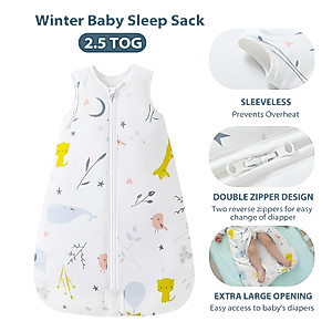 Mosebears Sleep Sack Baby Winter Wearable Blanket with 2-Way Zipper,2.5 TOG Cotton Sleep Sack Unisex (White Animal, 6-12 Months)