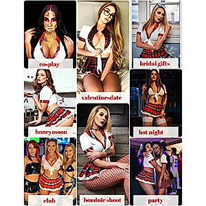 ADOME Sexy Lingerie Sets for Women Two Piece Lingerie Outfits Sexy Lace Lingerie with Tie Top and Mini Pleated Skirt (White, Small)