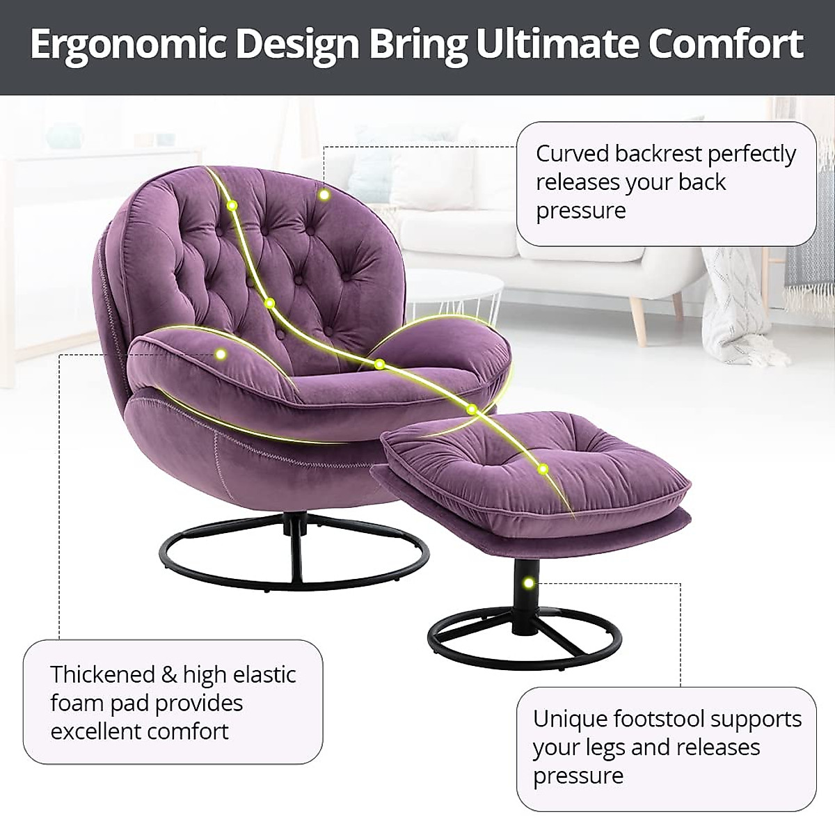 LLS Velvet Swivel Accent Chair with Ottoman Set, Purple, Comfortable Single Leisure Sofa Chair with 360 Degree Swiveling for Living Room