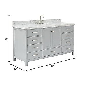 ARIEL Single Bath Vanity 67" Inch Grey, 1.5" Edge Carrara Marble Countertop & Splash, Rectangular Sink, 2 Soft Closing Doors, 9 Full Extension Dovetail Drawers, Brushed Nickel