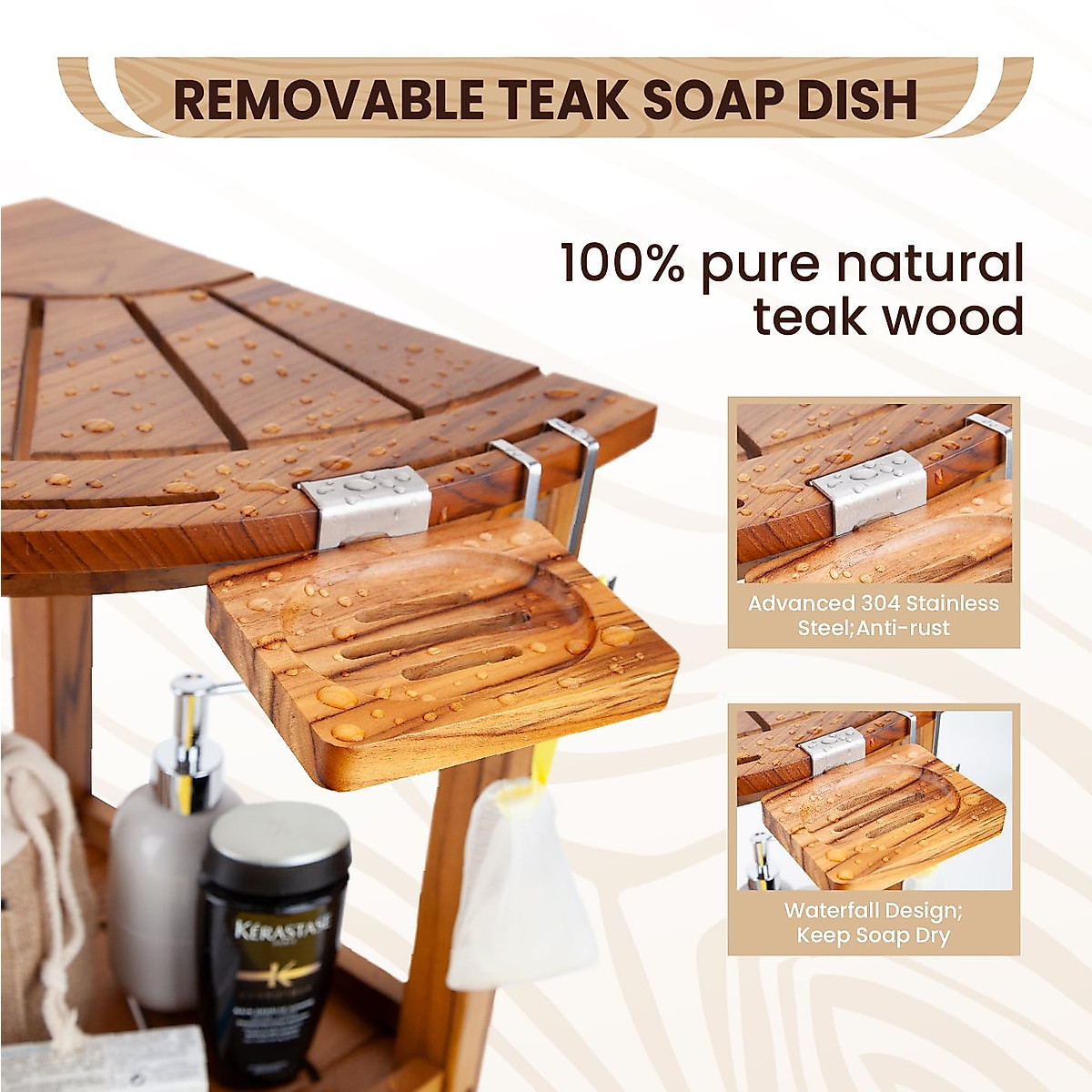 Cartman Original 13" Corner Teak Shower Decorative Bathroom Stand and Foot Rest with Storage Shelf and Soap Dish,Foot Rest Shaving Stool, Corner Nightstand, Beside Table