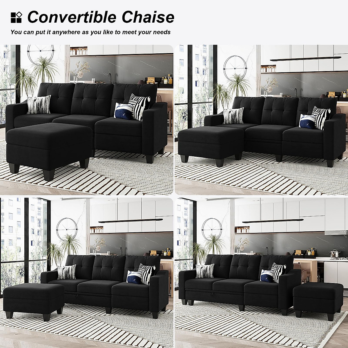 Belffin Velvet Sectional Couch with Storage, L Shaped Sofa with Chaise for Small Space, Black