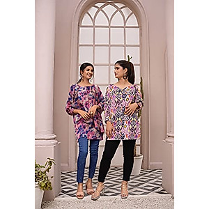 IshDeena Indian Kurti Tops for Women: Boho and Peasant Blouses, Loose Fit Tunic Tops, Silky Soft for Office or Travel (Medium/Pink)