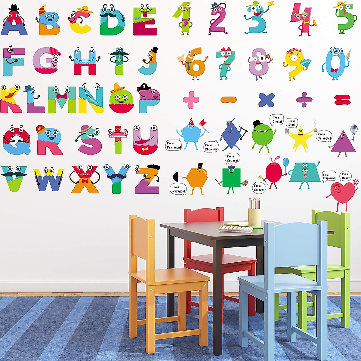 Colorful Alphabet Stickers Learning Wall Decals Alphabet Number Shape Educational Math Wall Stickers Peel and Stick Classroom Wall Decals Playroom Bedroom Decorations