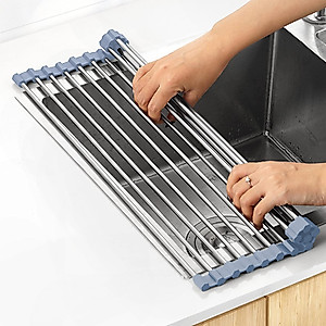 MECHEER Over The Sink Dish Drying Rack, Roll Up Dish Drying Rack Kitchen Dish Rack Stainless Steel Sink Drying Rack, Foldable Dish Drainer, Gray (17.5''x11.8'')