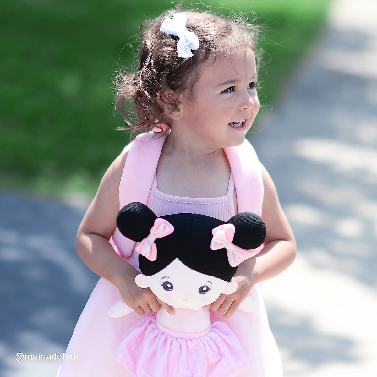 OUOZZZ 15" Soft Baby Doll for Girls Black Hair Pink Dress & Baby Girl Gifts Mermaid Toys - 6 Pieces Plush Toys Stuffed Animal Playset