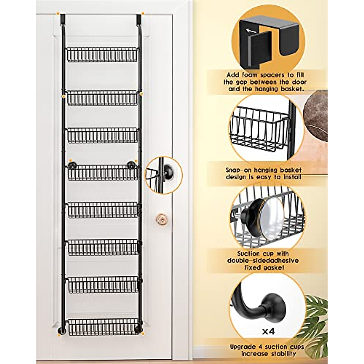 TIMEBAL 8 Tier Over the Door Pantry Organizer, Over the Door Organizer and Storage Rack with 8 Full Baskets, Metal Hanging & Wall Mounted Kitchen Storage Spice Rack, Bathroom Over Door Organizer-Black