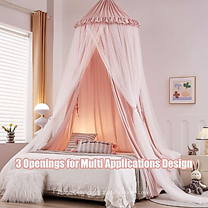 Hommi Lovvi Double Layers Bed Canopy with Star Lights, 3 Pieces Layers Canopy for Girls Bed, Princess Round Dome Dreamy Play Tent, Hanging Kids Reading Nook Mosquito Net, Machine Washable - Light Pink
