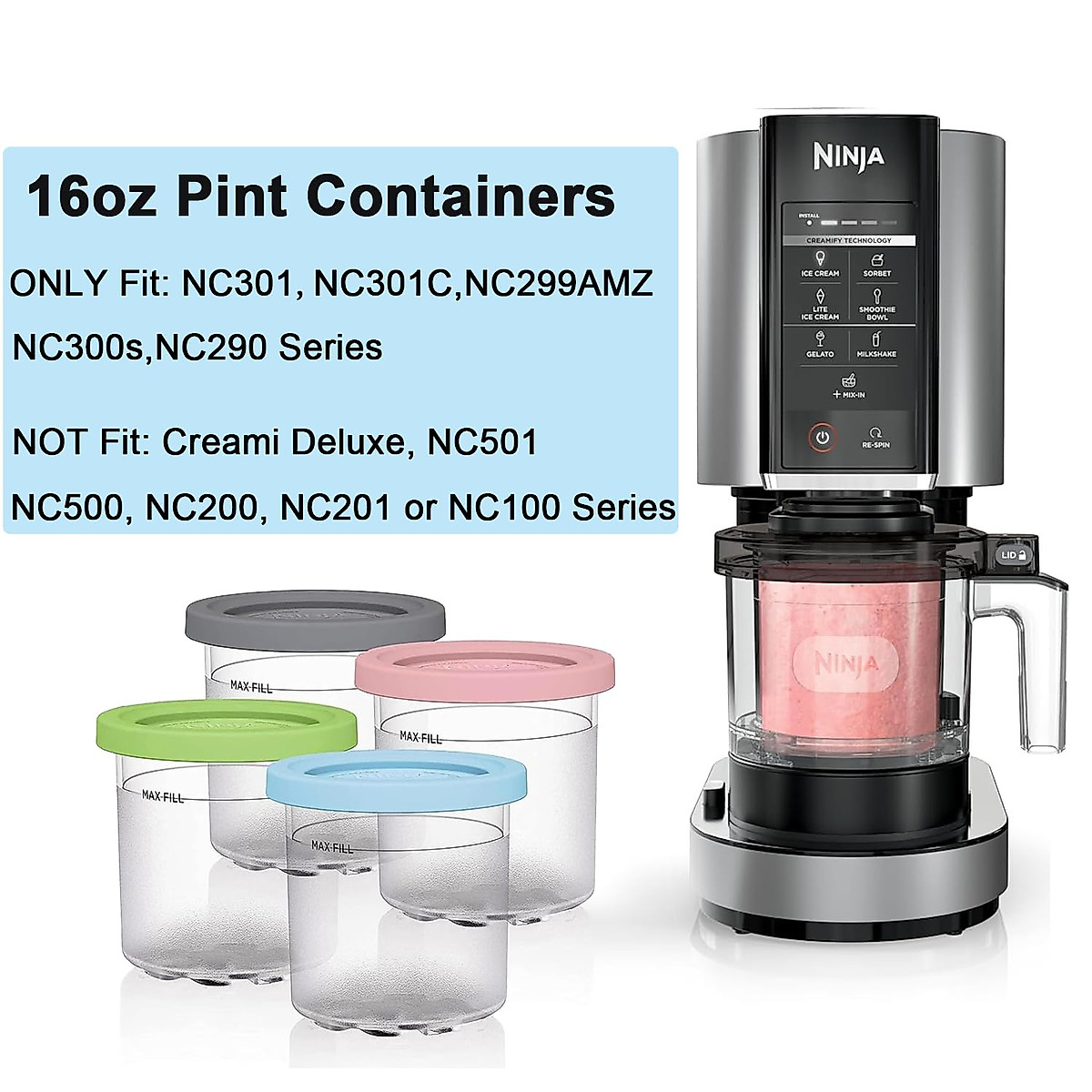 for Ninja Creami Pints and Lids - 4 Pack, Creami Extra Pint Containers Compatible with Nijana Creami NC301 NC300 NC299AMZ CN301CO Series Ice Cream Maker, for Ninja Creamy Pints containers Cups 16oz