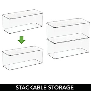 mDesign Plastic Stackable Storage Organizer Box with Hinged Lid - Long Home Office Holder Supply Bin for Note Pads, Gel Pens, Staples, Tape, Highlighters, or Dry Erase Markers - Clear