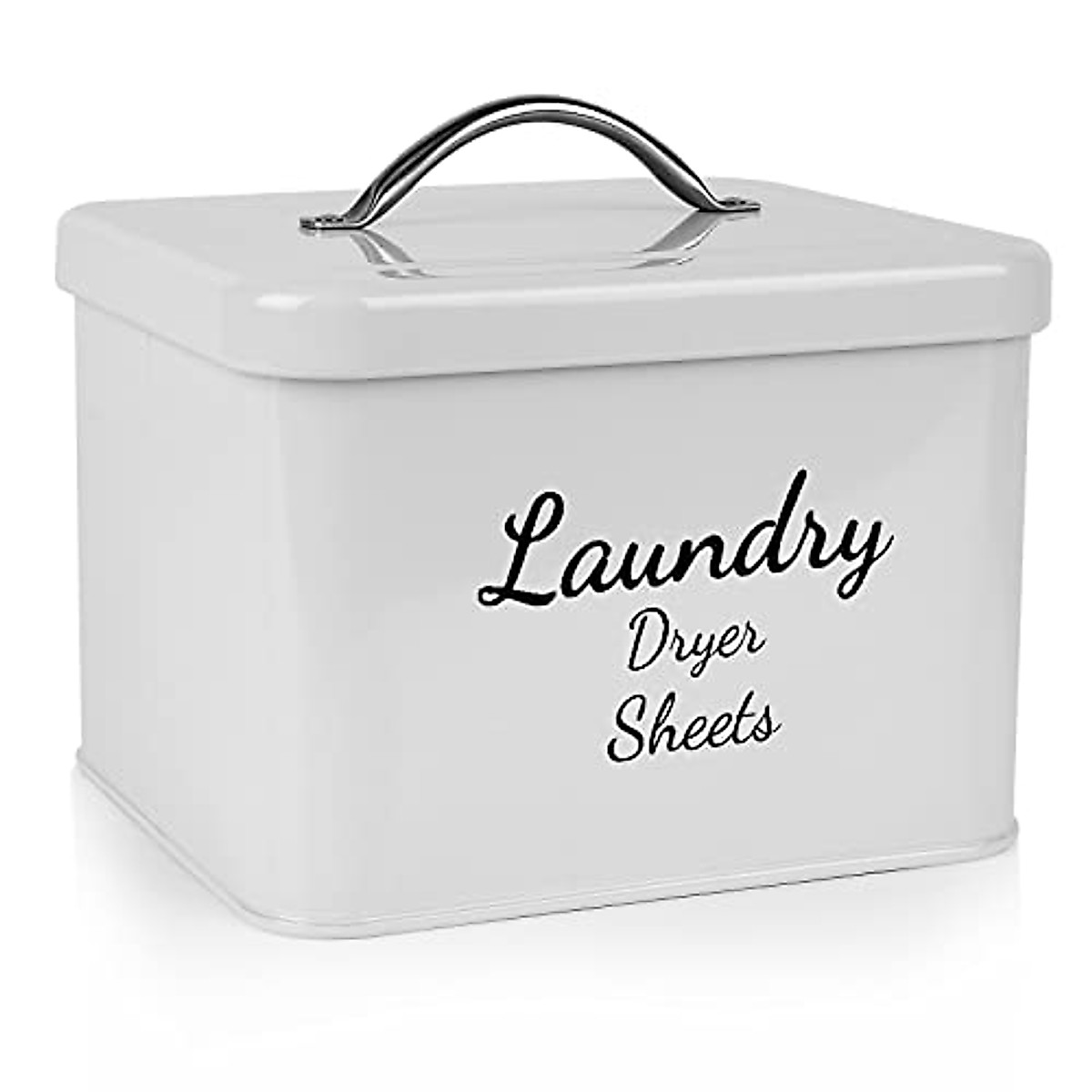 Creproly Dryer Sheet Holder Dispenser Farmhouse Metal Dryer Sheet Container with Lid for Laundry Room Decor and Space Saving Laundry Room Organization and Storage (White)