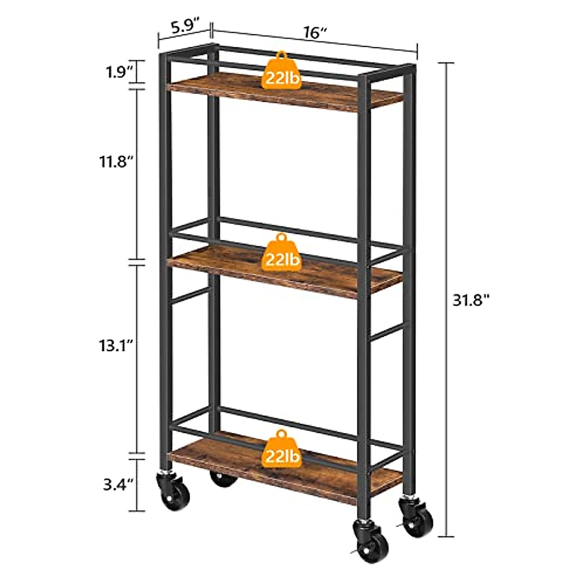 MAHANCRIS 3-Tier Slim Rolling Cart, Narrow Kitchen Cart on Wheels, Practical Storage Rolling Cart, Wooden Kitchen Storage Rack, for Tight Spaces in Dining Room, Bathroom, Rustic Brown RCHR1501Z