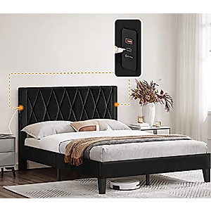 Yaheetech Full Bed Frame Rich Velvet Upholstered Platform Bed with Headboard and 2 USB Charging Stations/Ports for Type A & Type C/Diamond Tufting & Geometric Design/Wood Slat Support, Black Full Bed