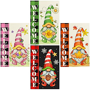 OlaTopia Set of 4 Gnome Seasonal Garden Flags 12x18 Double Sided, Buffalo Plaid Welcome Spring Summer Winter Fall Garden Flag, Vertical Burlap Farmhouse Yard Flags for Home Outdoor Decor