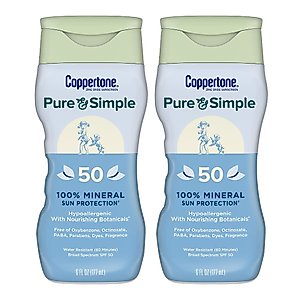 Coppertone Pure and Simple Sunscreen Lotion, SPF 50 Broad Spectrum Sunscreen with Zinc Oxide, 6 Oz, Pack of 2