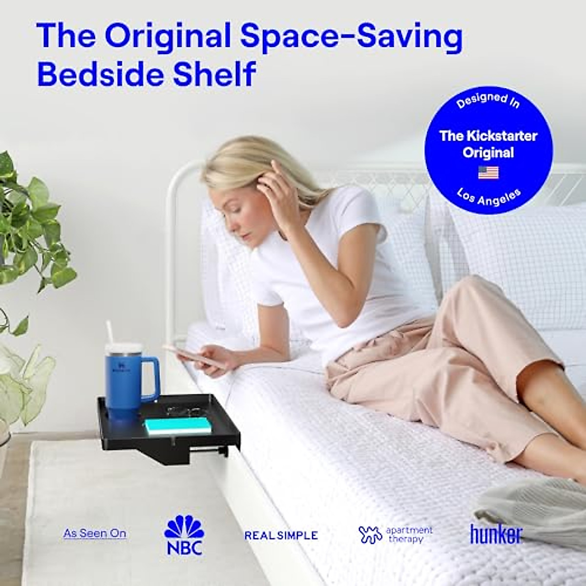 BedShelfie Bedside Shelf for Bunk Bed & Top Bunk, College Dorm Room Essentials, Clip On Nightstand, Bed Side Table Tray Organizer - Cup Holder, Black