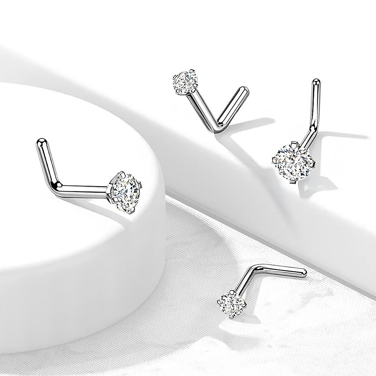 Pierced Owl 18-20GA G23 Implant Grade Titanium Prong Set CZ Crystal L-Bend Nose Stud (20GA (0.8mm))