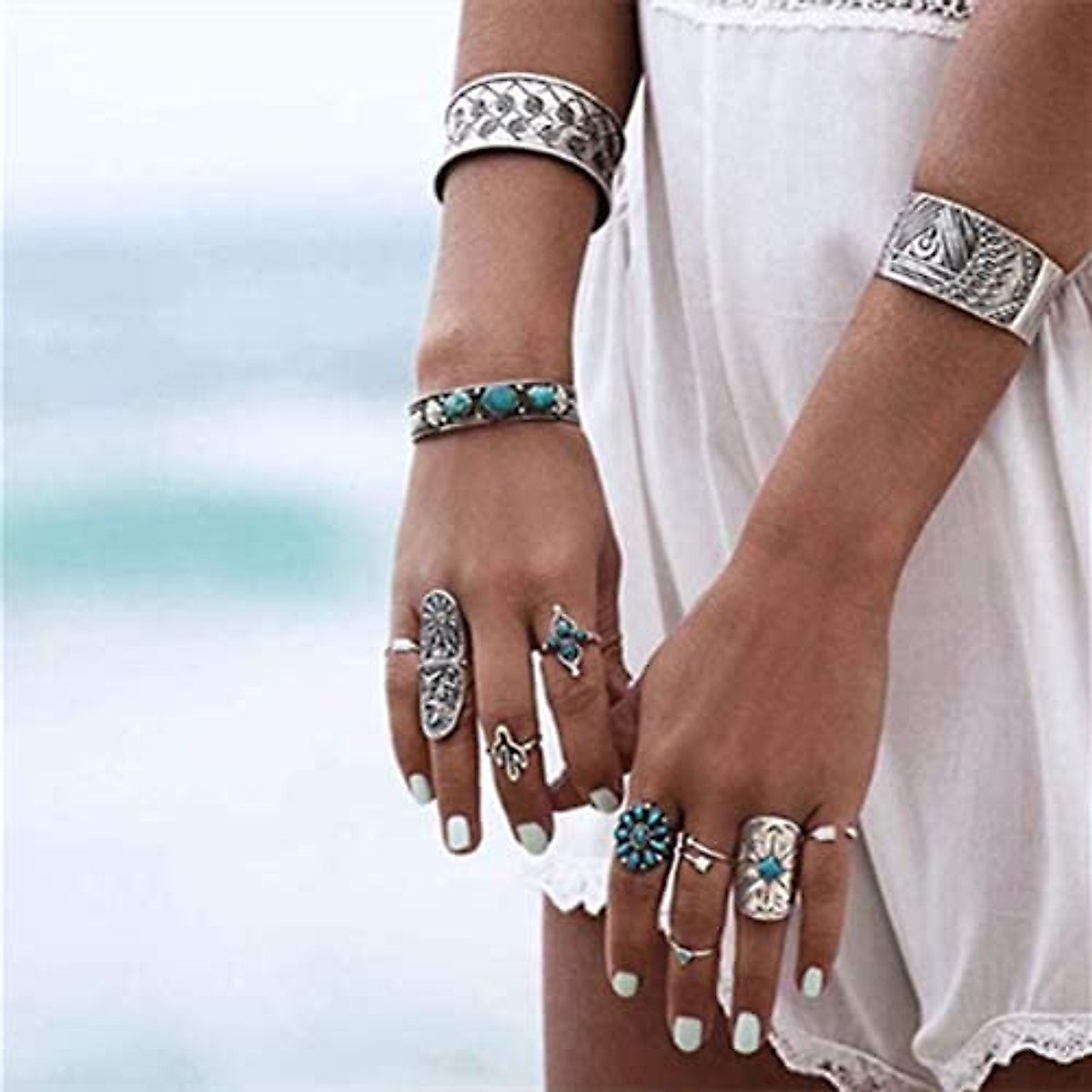 Fuqimanman2020 9pcs Boho Silver Statement Rings Joint Knuckle Ring Set