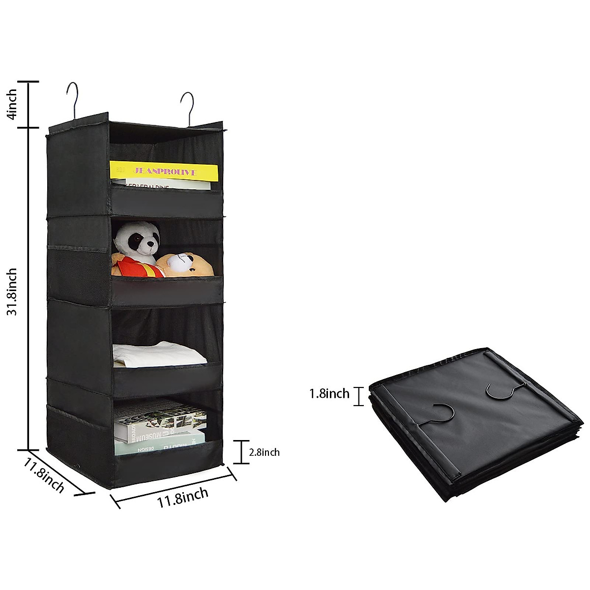 DonYeco 4-Shelf Hanging Closet Organizers and Storage, Collapsible Closet Storage Organizer with 4 Side-Pockets, for RV Wardrobe Camp, Hanging Organizer for Shoes Toys Baby Clothes