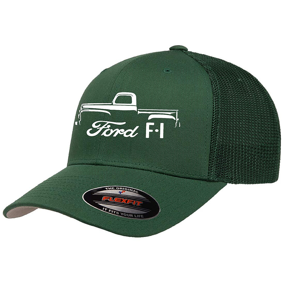 1948-52 Ford F1 F-1 Pickup Truck Outline Design Flexfit Trucker Mesh Fitted Cap Forest