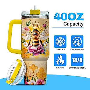 99OWL Tumbler 40 Oz With Handle Lid And Straw, Queen Bee Crown Floral, Bee Gifts, Flower Tumblers Handle Daisy Yellow, Bee Double Wall Vacuum Floral Coffee Hot And Iced Yellow