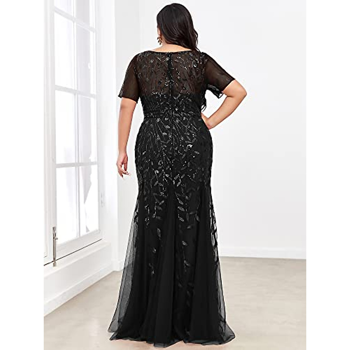 Ever-Pretty Women's Embroidered Prom Dress Long Formal Plus Size Dresses for Wedding Guest Black US22