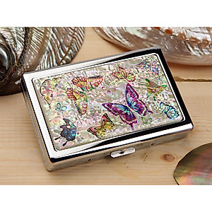 Mother of Pearl Design Extra Long 100S Super Slim King Size 16 Cigarette Engraved Metal Steel RFID Blocking Protection Credit Business Card US Bill Currency Cash Holder Case Storage Box (Butterfly)