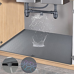 AUMIO Under Sink Mat, Under Sink Mats for Kitchen Waterproof 22" x 34" Under Kitchen Sink Mat Silicone Under Sink Liner Drip Tray with Drain Hole, Sink Cabinet Protector Mat for Kitchen Bathroom Grey