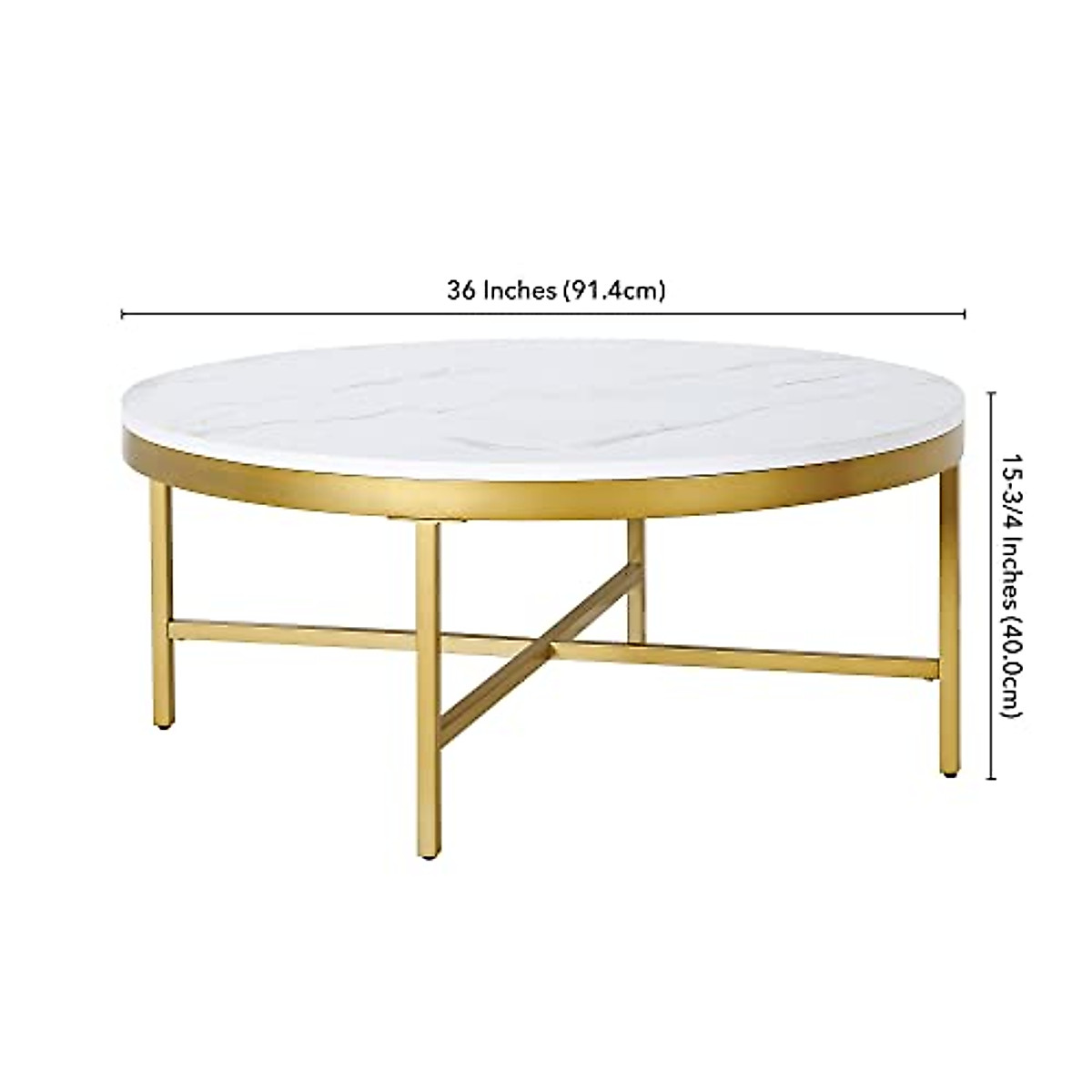 Henn&Hart 36" Wide Round Coffee Table with Faux Marble Top in Brass/Faux Marble, Modern coffee tables for living room, studio apartment essentials