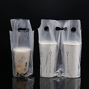300PCS Clear Handle Drink Drinking Poly Plastic Packaging Bags,Drink Carrier, for Delivery Take Out Cup Holder Bar Restaurant Coffee Shop Supplies Cup Carriers