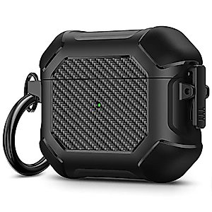 Maxjoy for for Airpods 3rd Generation Case, Carbon Fiber Secure Lock Clip Full Body Shockproof Hard Shell Protective Apple for Airpods 3 Case Cover with Keychain for AirPod 3rd Gen 2021 for Men, Black
