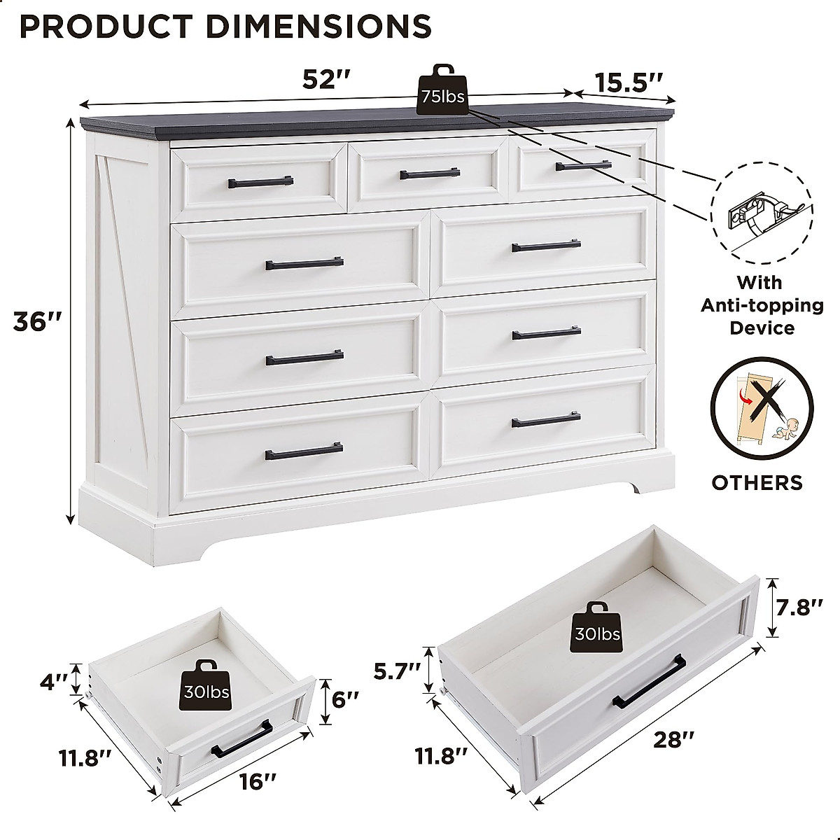 ACCOHOHO Farmhouse 9 Drawer Dresser for Bedroom, 36 Inch Tall Modern Dresser TV Stand with Large Drawers & Bar Handles, Rustic Wood Chest of Drawers for Bedroom, Living Room, Hallway, Off White