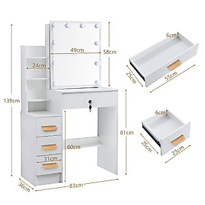 Saihemei Vanity Desk, Makeup Table with Mirror and Lights, Bedroom Table Vanity Set with 4 Drawers, 3 Lighting Modes Brightness Adjustable for Women Girls