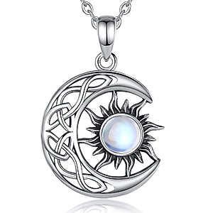 Vito Celtic Moon and Sun Necklace for Women, Sterling Silver Vintage Crescent Pendant Oxidized Moonstone Jewelry Gift for Wife, 18 Inch Chain