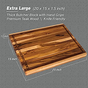 Extra Large Teak Wood Cutting Board, [Edge Grain, 20"L x 15"W x 1.5"T] Juice Groove, Reversible, Hand Grips by Shumaru California